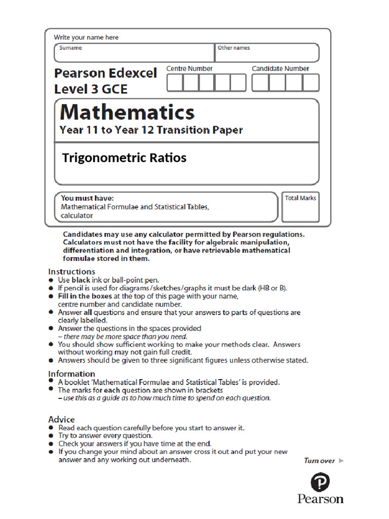 Chapter 9 Trigonometric Ratios Question Paper | PDF