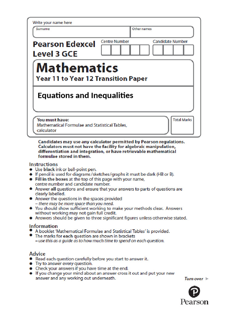 Chapter 3 Equations and Inequalities Question Paper | PDF