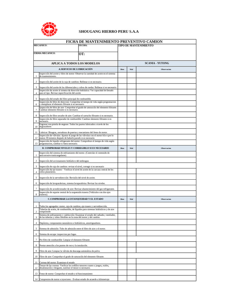 Check List de Mantenimiento Preventivo Camion Chino | PDF