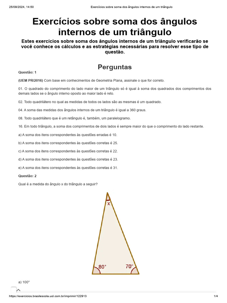 Exercícios Sobre Soma Dos Ângulos Internos de Um Triângulo | PDF