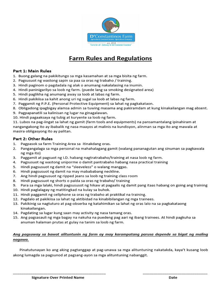 FARM RULES AND REGULATIONS | PDF