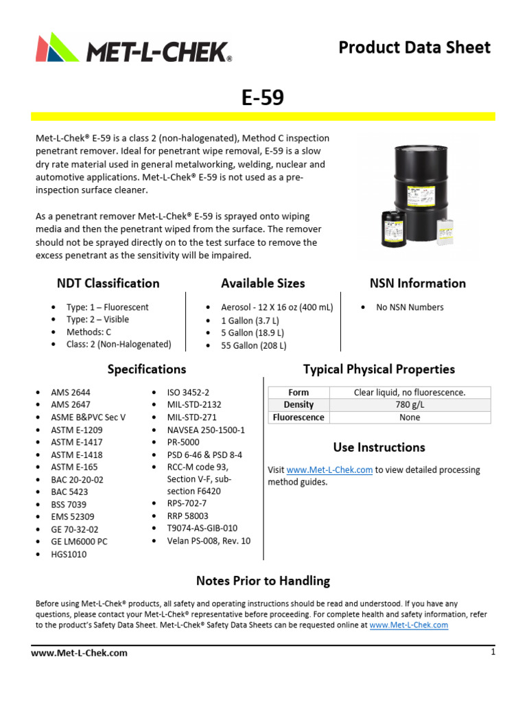 Met-L-Chek® E-59 - Non-Halogenated Penetrant Remover 1 | PDF