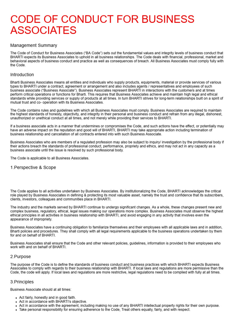Business Associates Code of Conduct | PDF | Employment | Finance ...