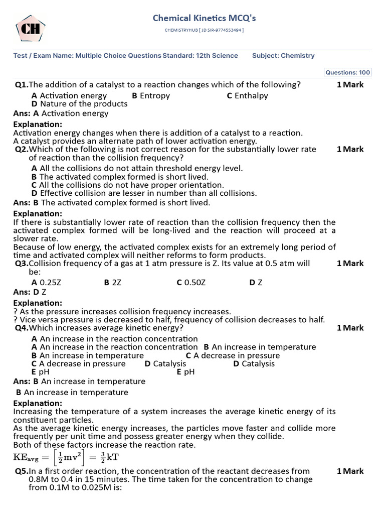 chemical kinetics 100 mcq sol | PDF