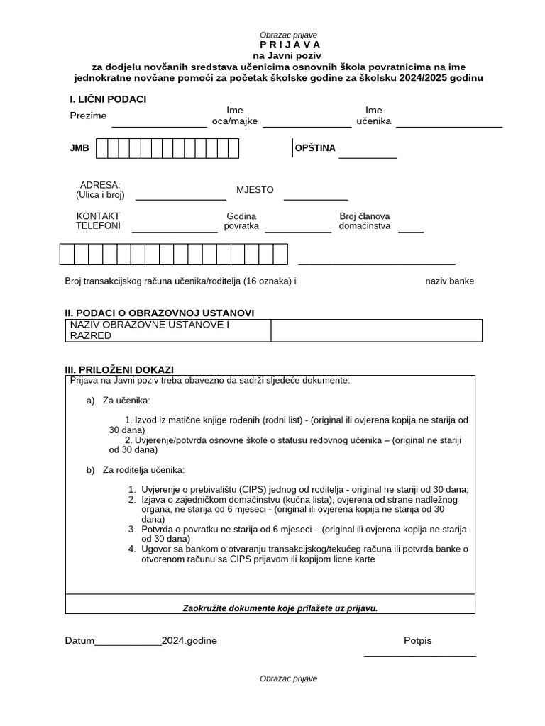 Obrazac Prijave Na Javni Poziv Ucenici Osnovne Skole 2024 | PDF