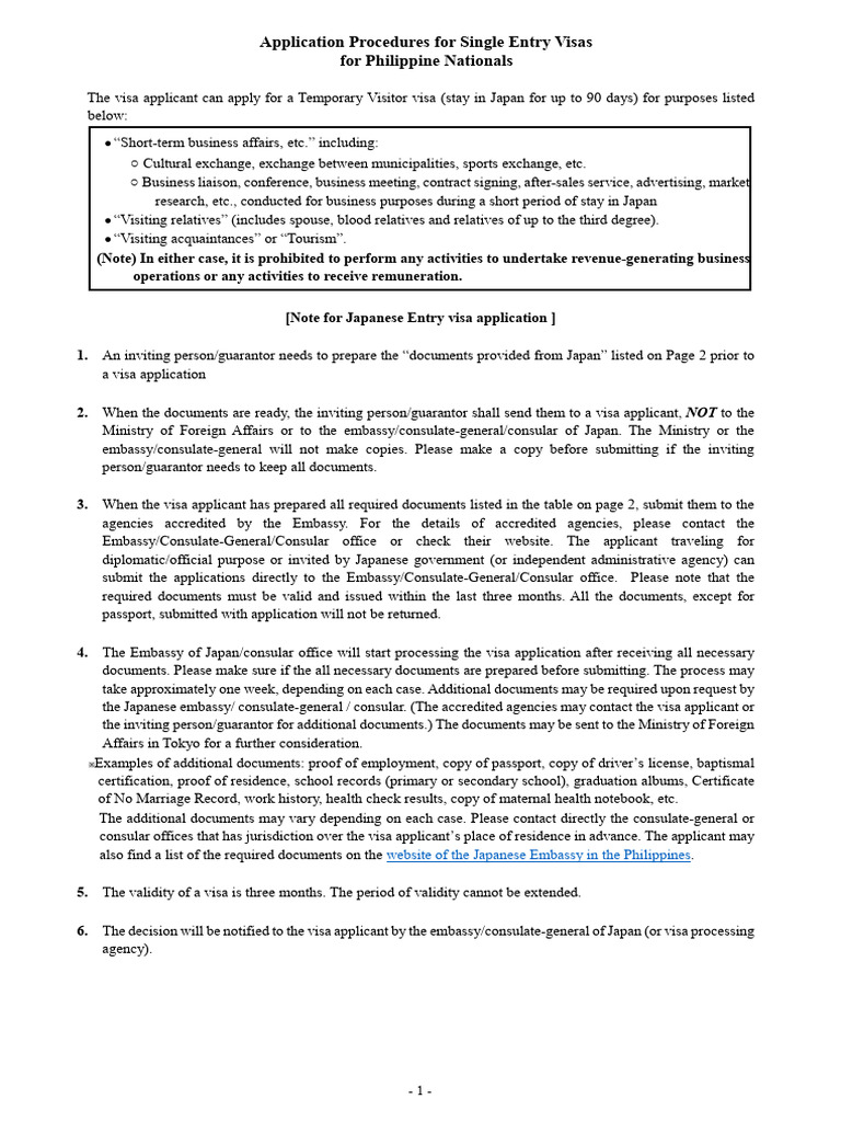 Application Procedures For Single Entry Visas For Philippine Nationals | PDF