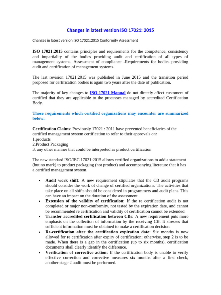 Changes in Latest Version ISO 17021 | PDF | Certification | Audit