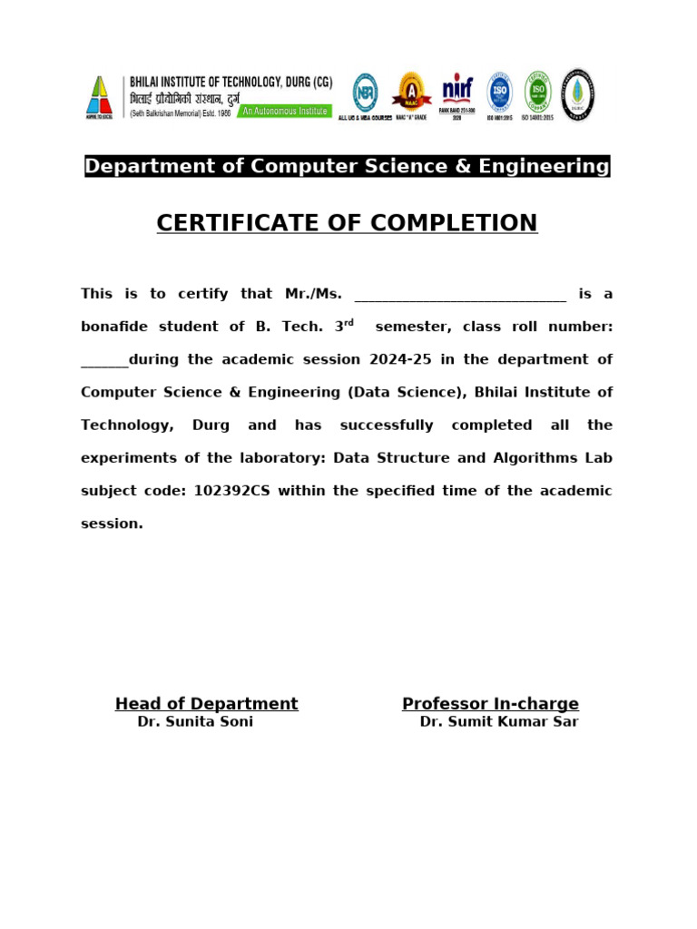 Dsa Completion Certificate Format | PDF
