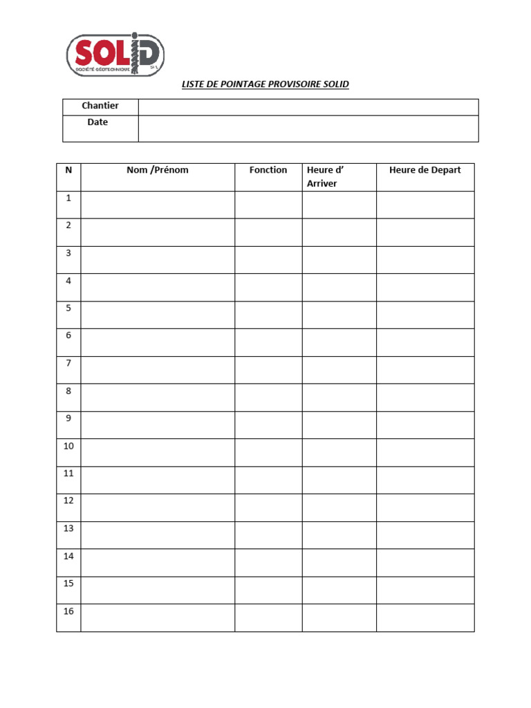 LISTE DE POINTAGE PROVISOIRE SOLID | PDF