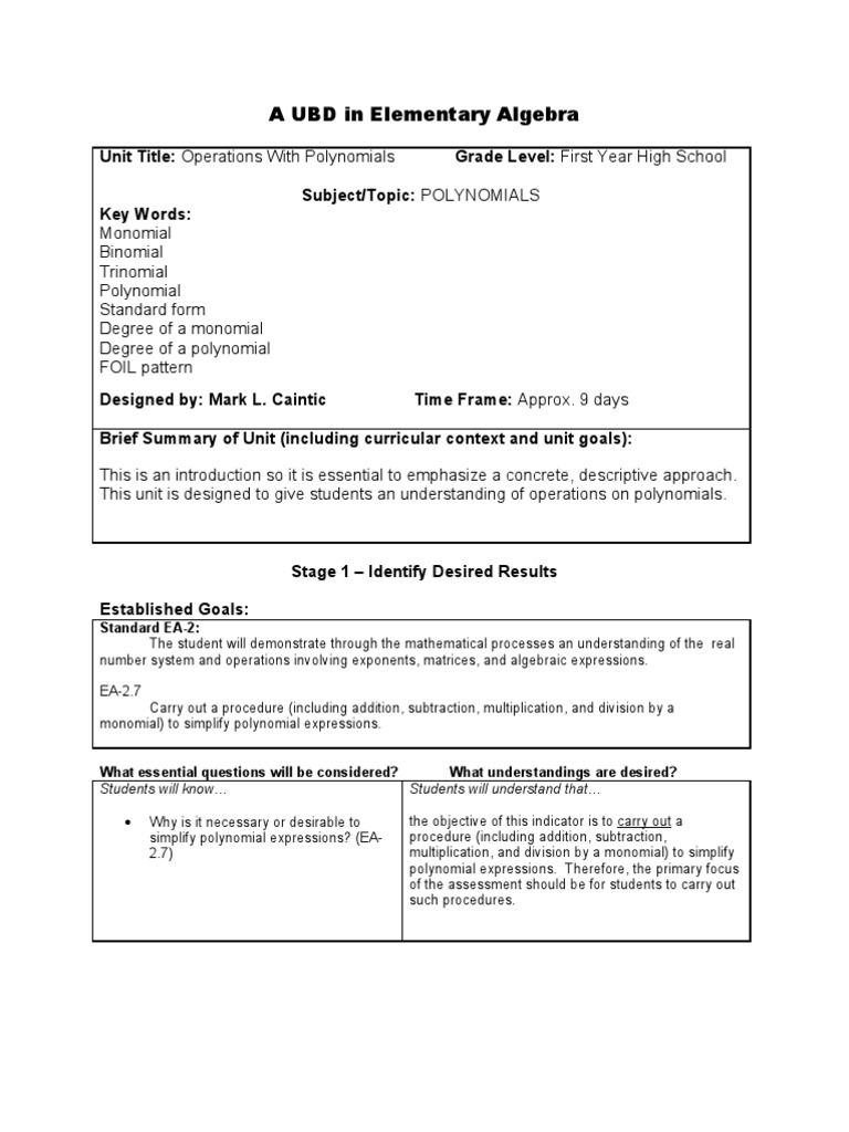 Operations with Polynomials Unit Plan | PDF | Polynomial | Multiplication