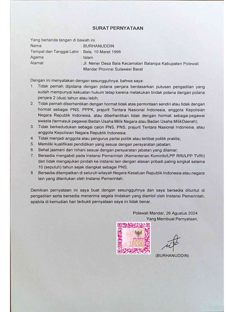 Burhan Surat Pernyataan | PDF