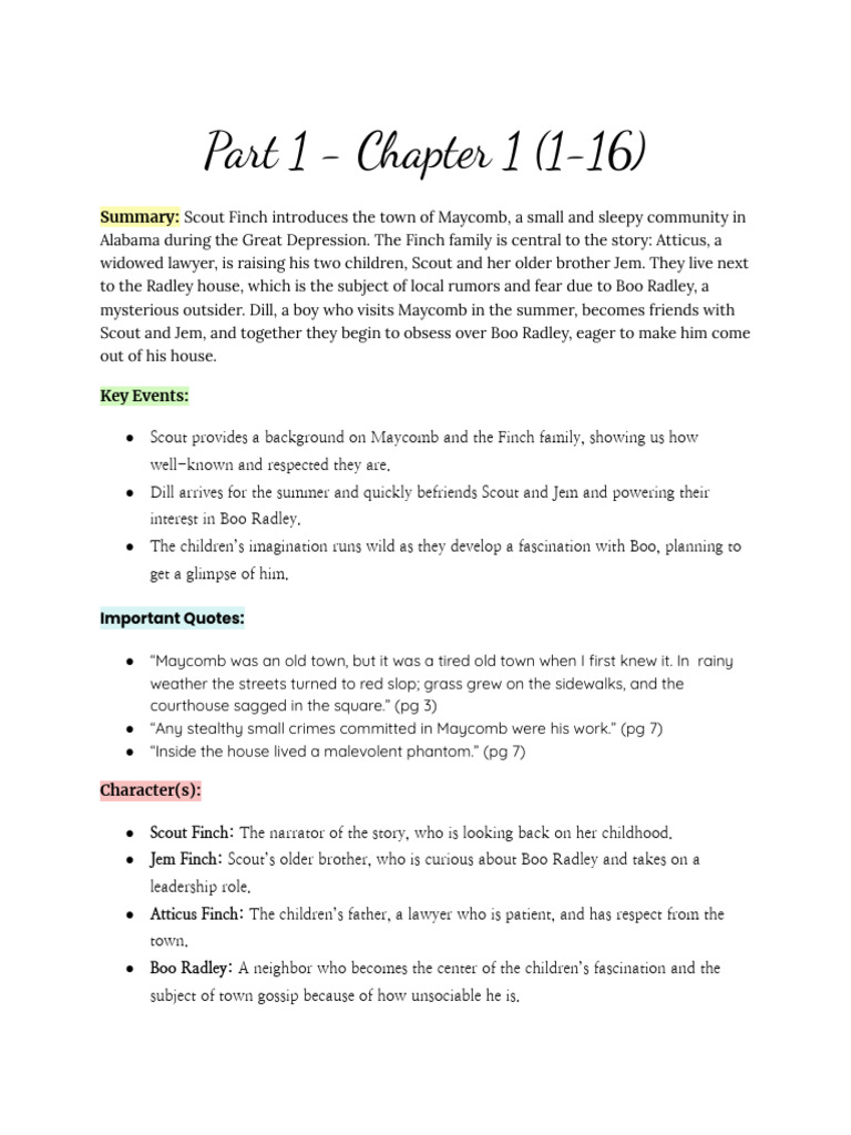 To Kill A Mockingbird Notes - Part 1 Chapter 1 | PDF