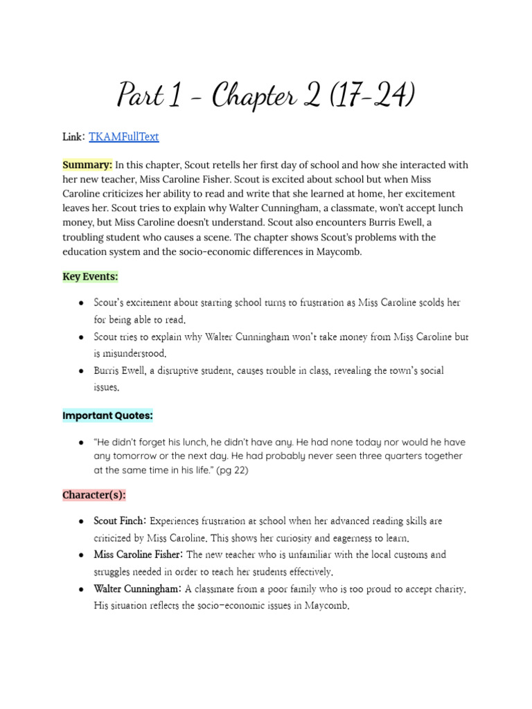 To Kill A Mockingbird Notes - Part 1 Chapter 2 | PDF