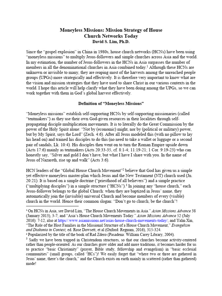Moneyless - Missions - Mission - Strategy - of - H - David Lim | PDF