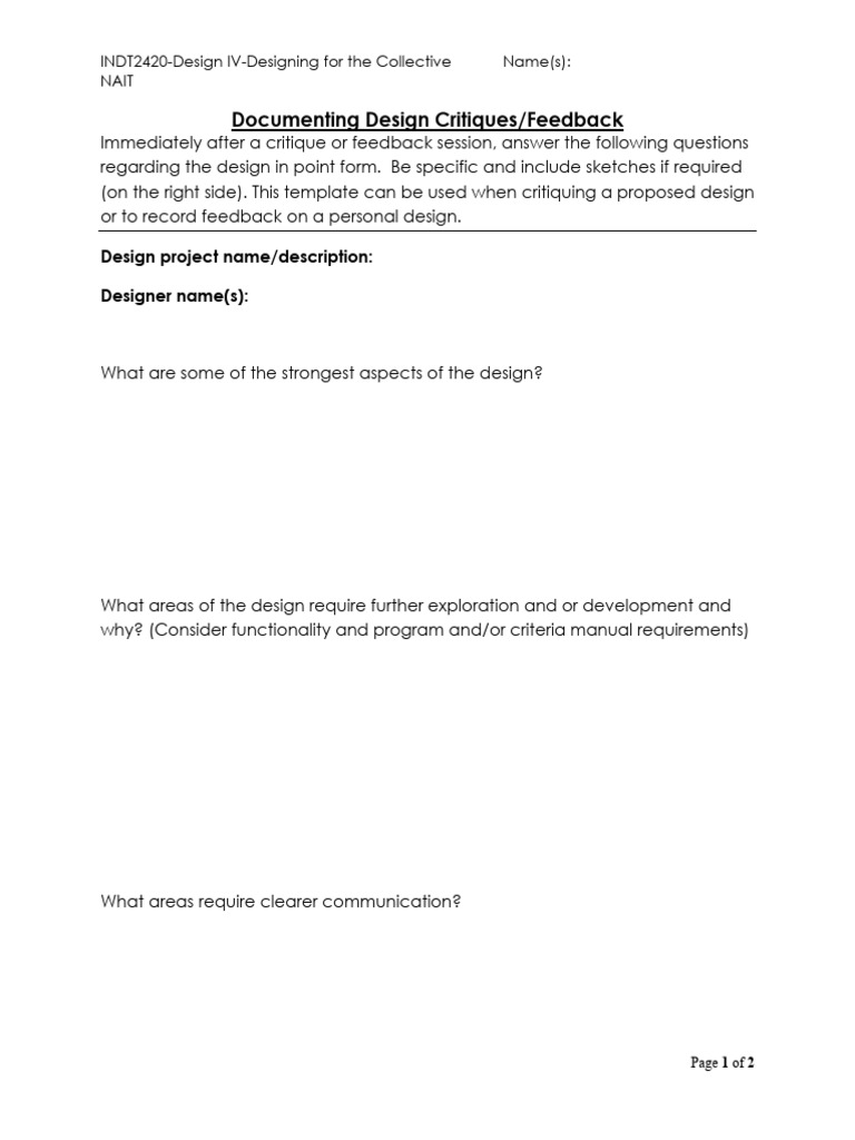 Documenting Design Critiqes - Feedback-Fillable PDF | PDF