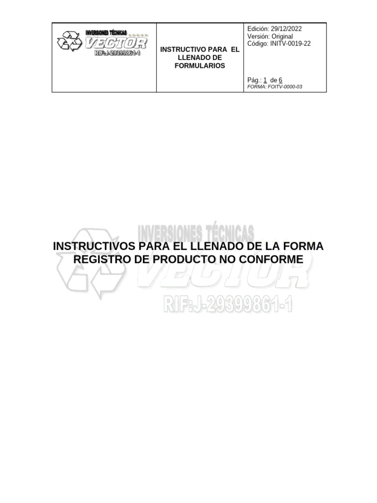 Instructivos para El Llenado de La Forma Registro de Producto No Conforme Initv-0019-22 | PDF