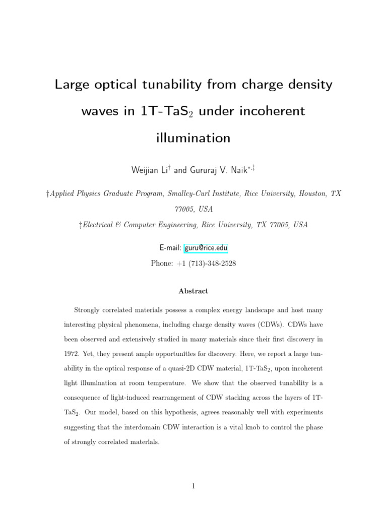 Large Optical Tunability From Charge Density in 1T-TaS2 | PDF
