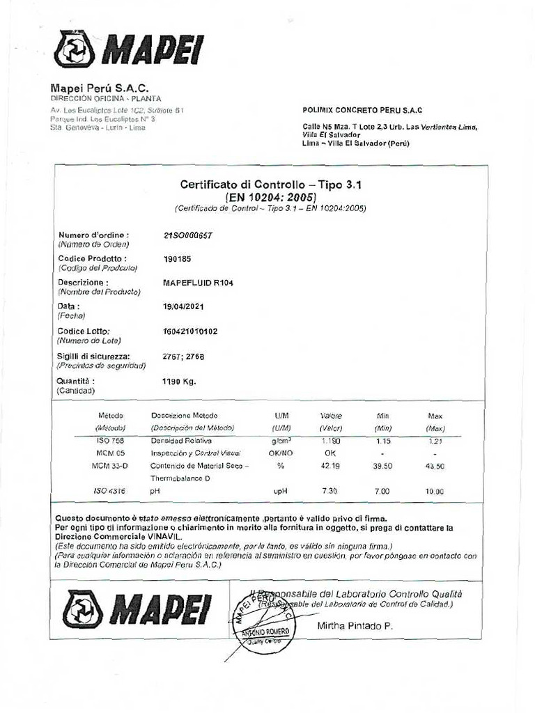 Certificado Calidad Mapefluid R104 | PDF