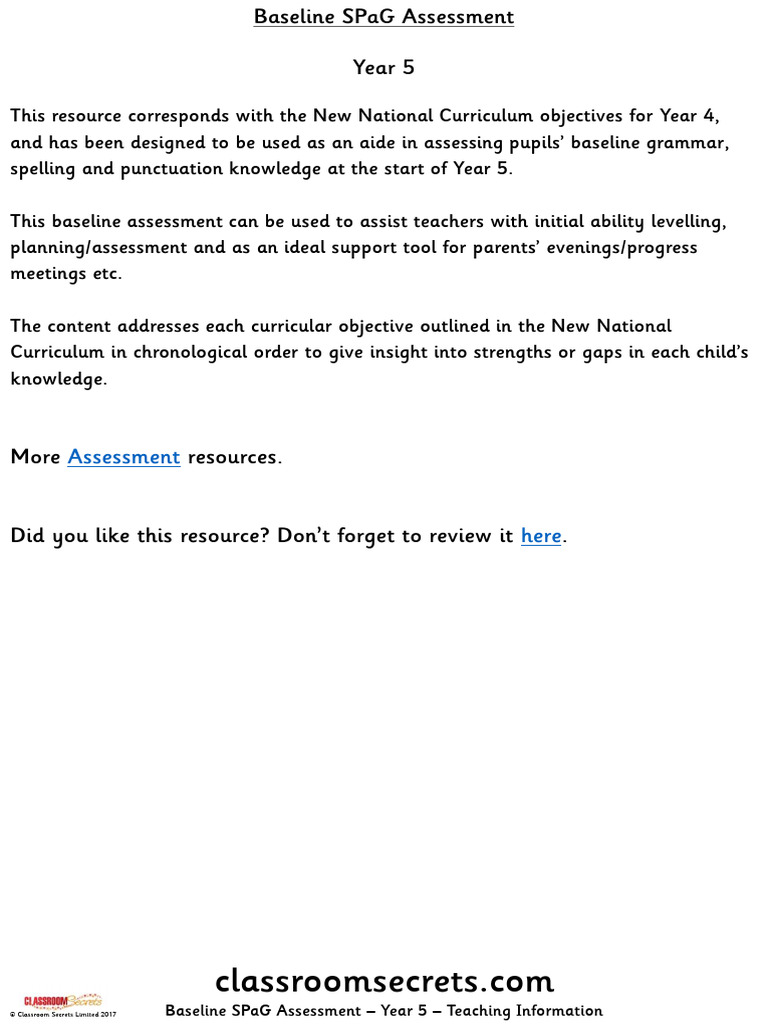 Baseline SPAG Assessment Year 5 | PDF