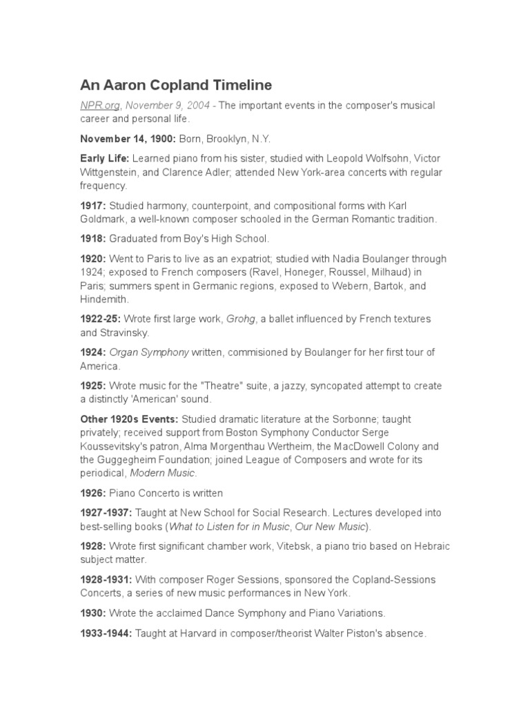 An Aaron Copland Timeline | PDF | Classical Music | Performing Arts