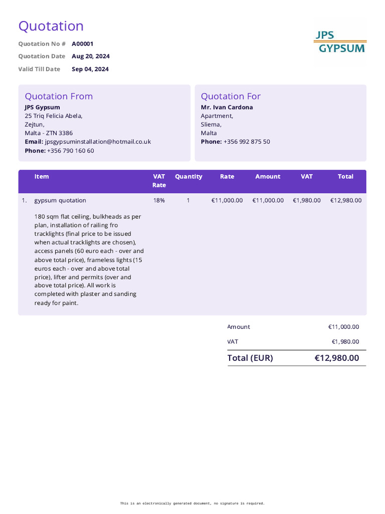 Quotation A00001 Jps Gypsum MR Ivan Cardona | PDF