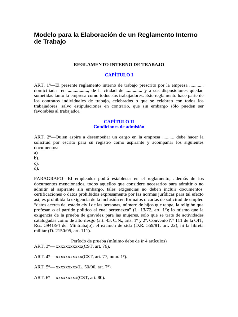 Modelo para La Elaboracion de Un Reglamento Interno de Trabajo | PDF