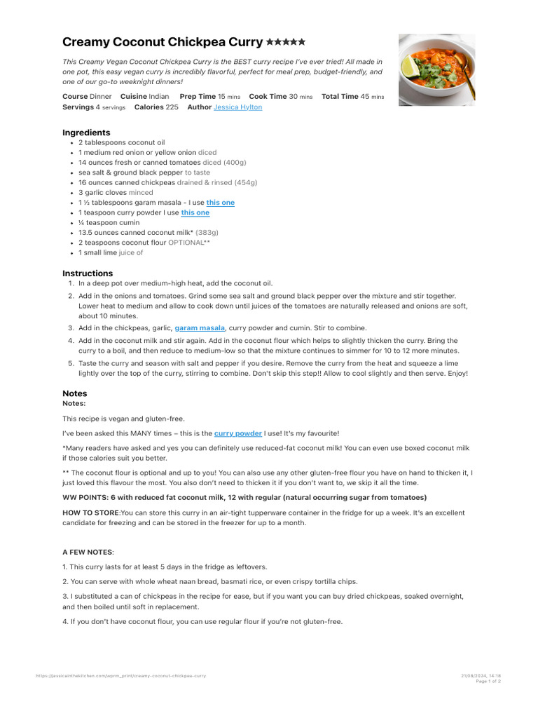 Chickpea Coconut Curry | PDF