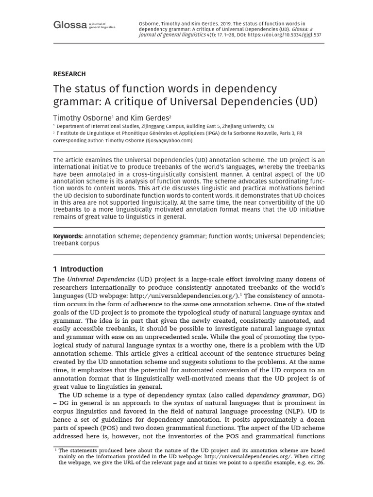 The Status of Function Words in Dependency Grammar | PDF