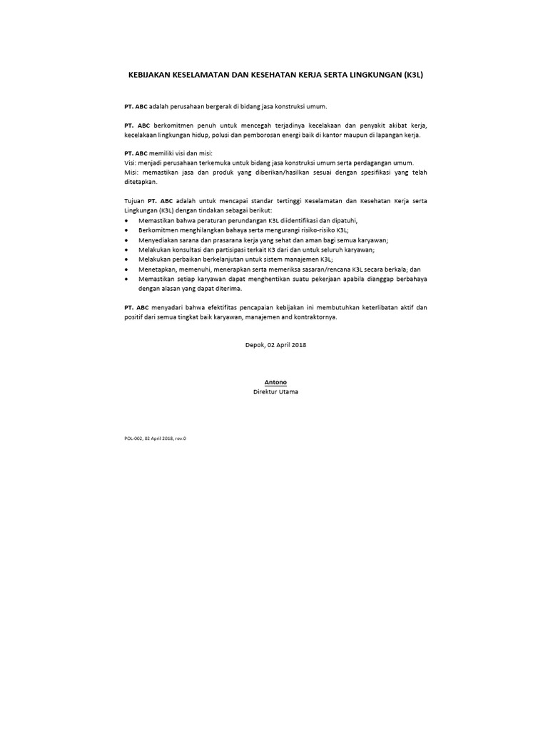 POL-002 KEBIJAKAN K3L | PDF