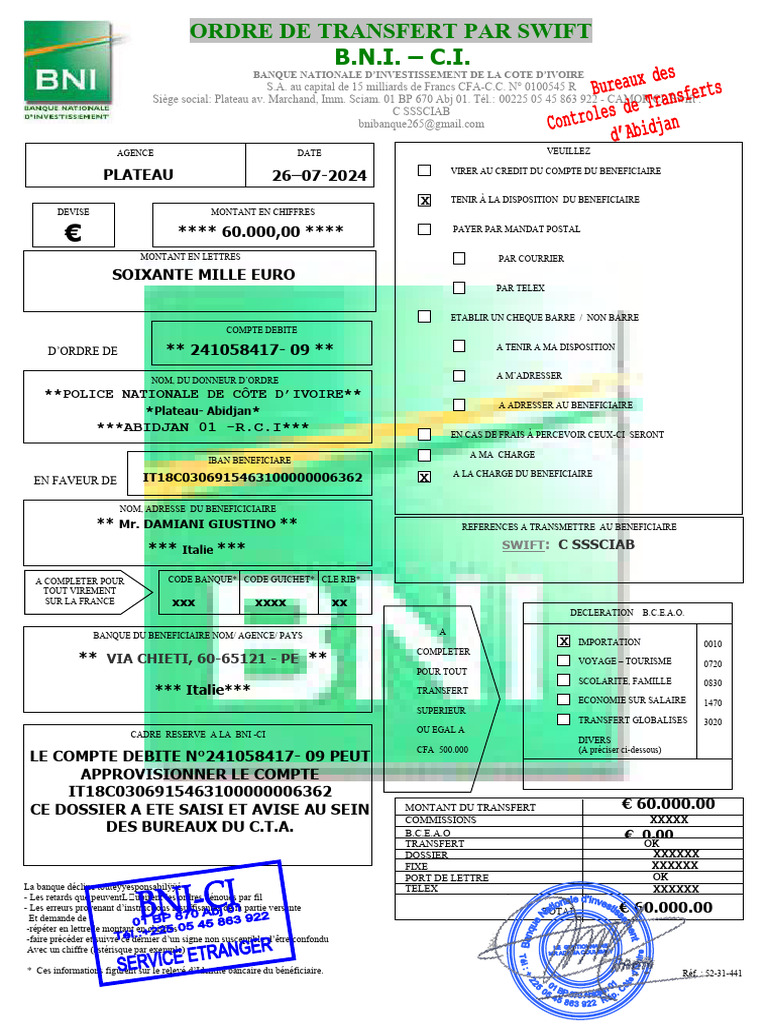 Attestation de Virement Swift Bni | PDF