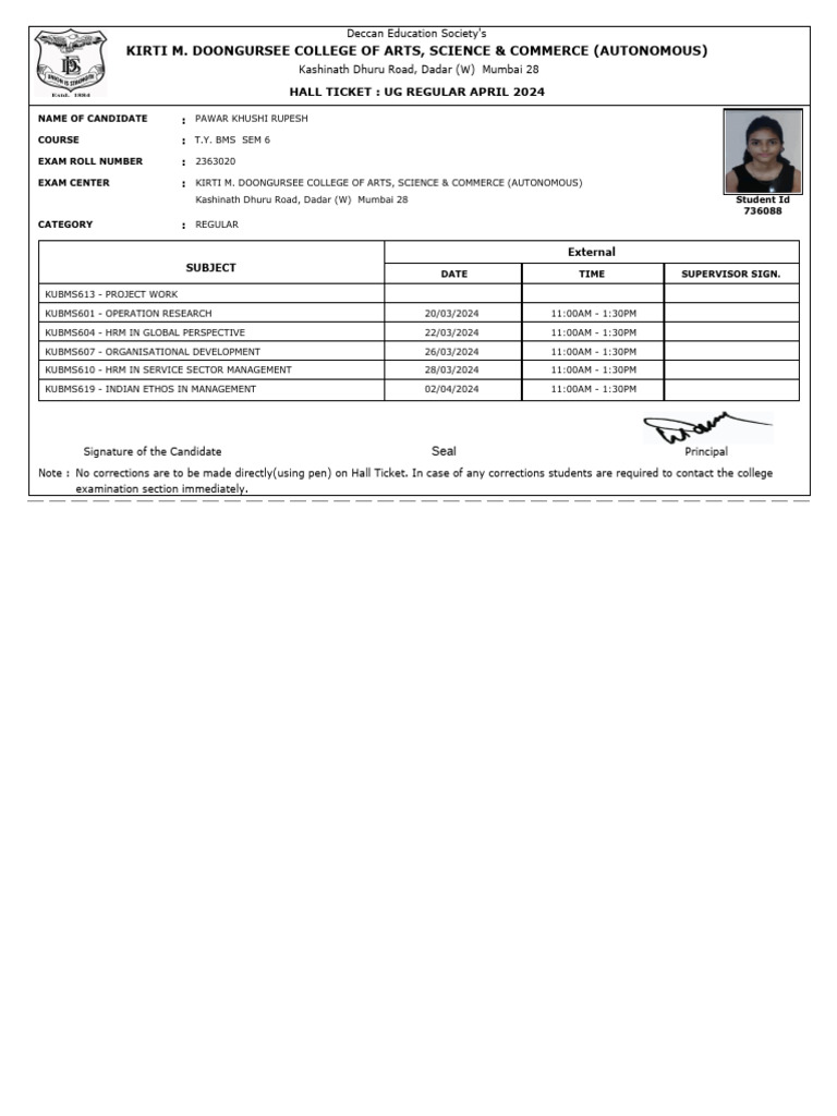 Hall Ticket Sem6 | PDF