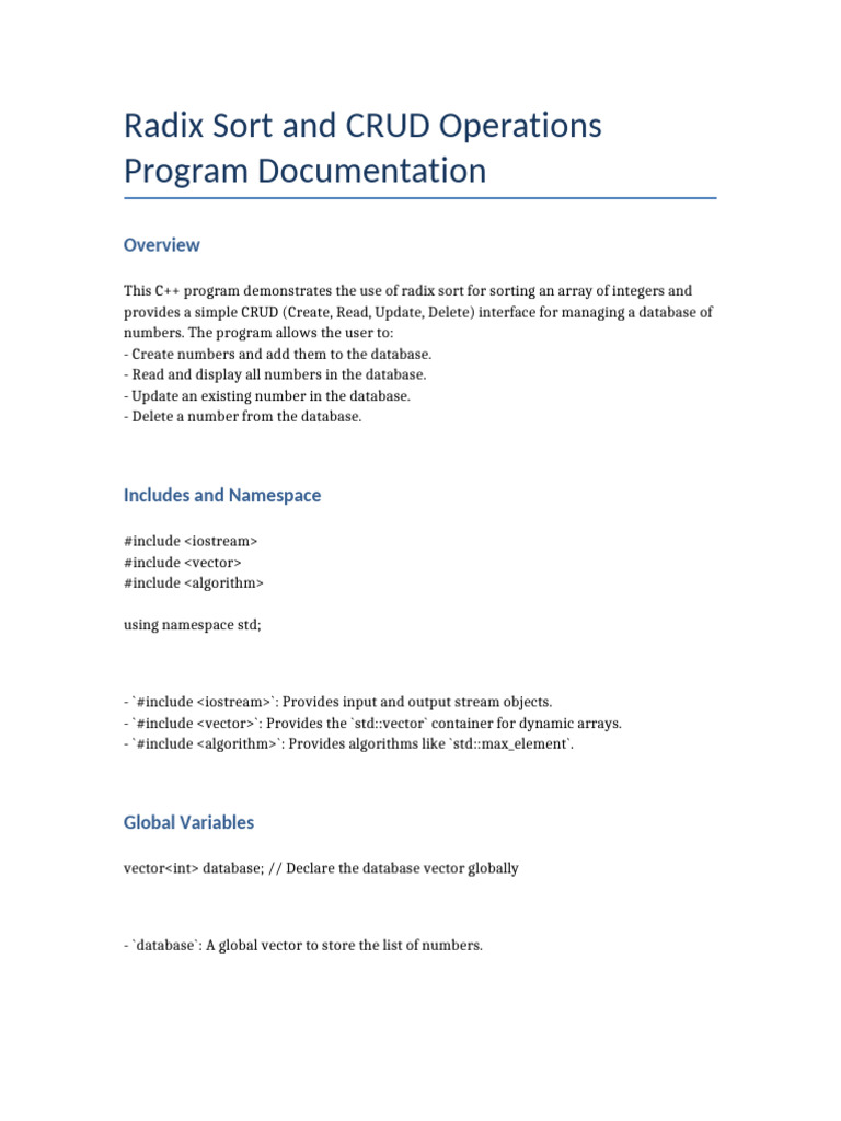 RadixSort CRUD Documentation | PDF | Algorithms | Computing