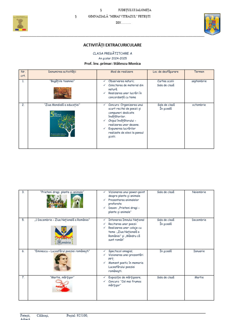 Planificare Activit Extracuriculare CPA-2024 | PDF