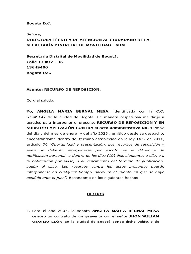 Recurso de Reposicion Contra El Acto Administrativo 444632 de 2023 ...