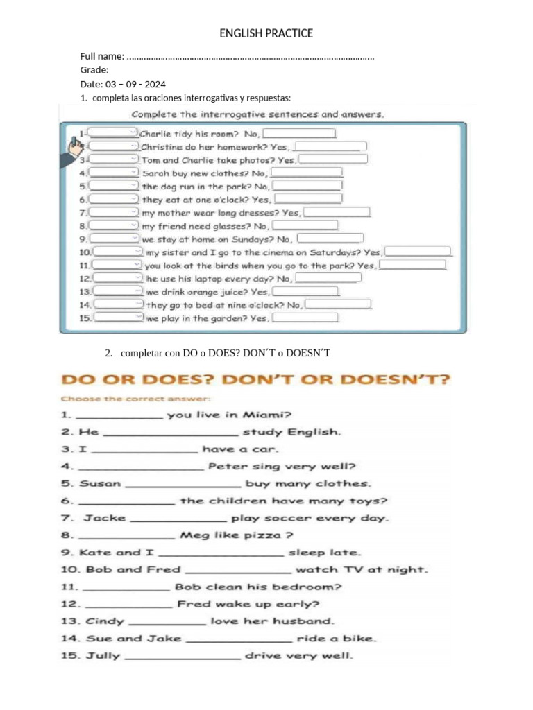 English Practice 2° Auxiliar Do y Does - 070254 | PDF