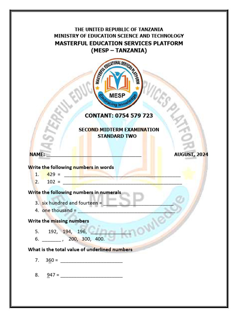 Standard Two, Mesp-Tanzania Sec. Midterm | PDF