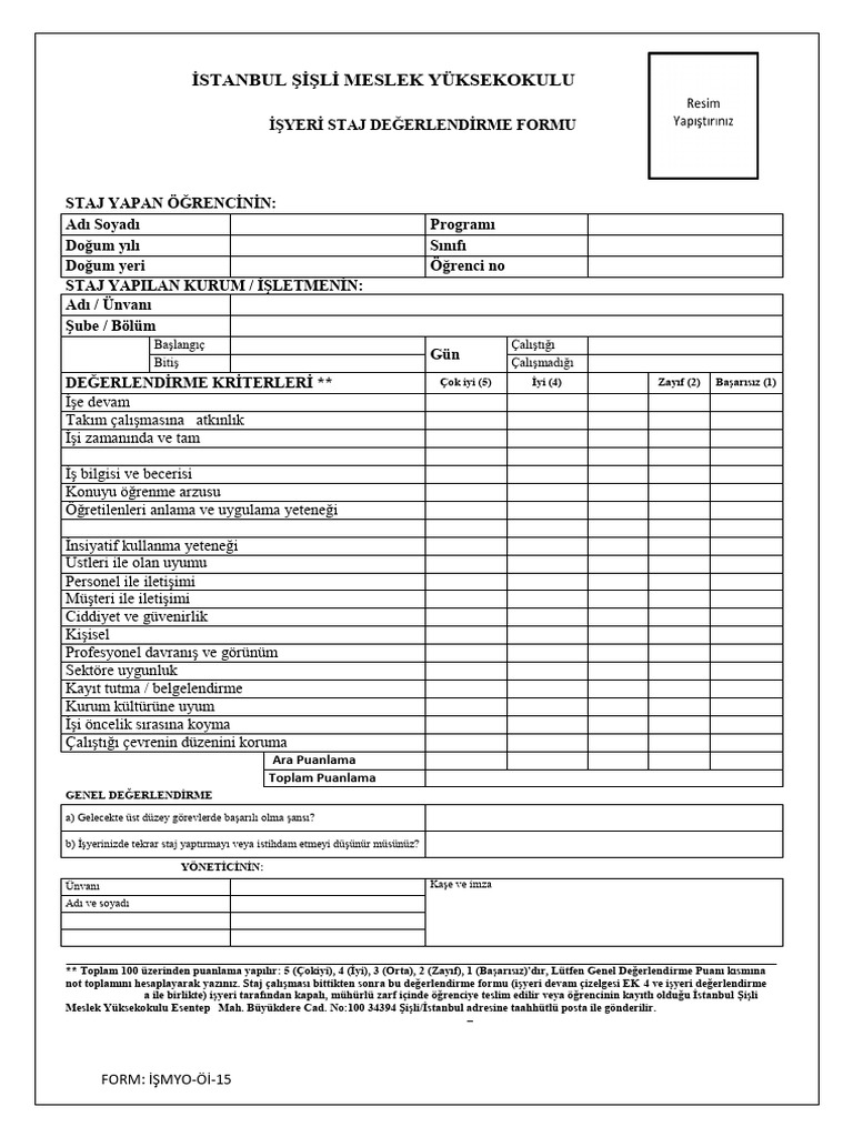 EK 5 A İşyeri Değerlendirme Formu Öİ 15 | PDF
