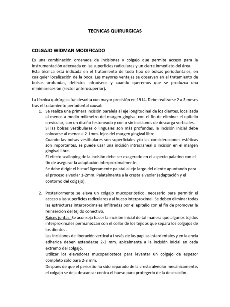 Tecnicas Quirurgicas Widman Modificado y Gingivectomia | PDF