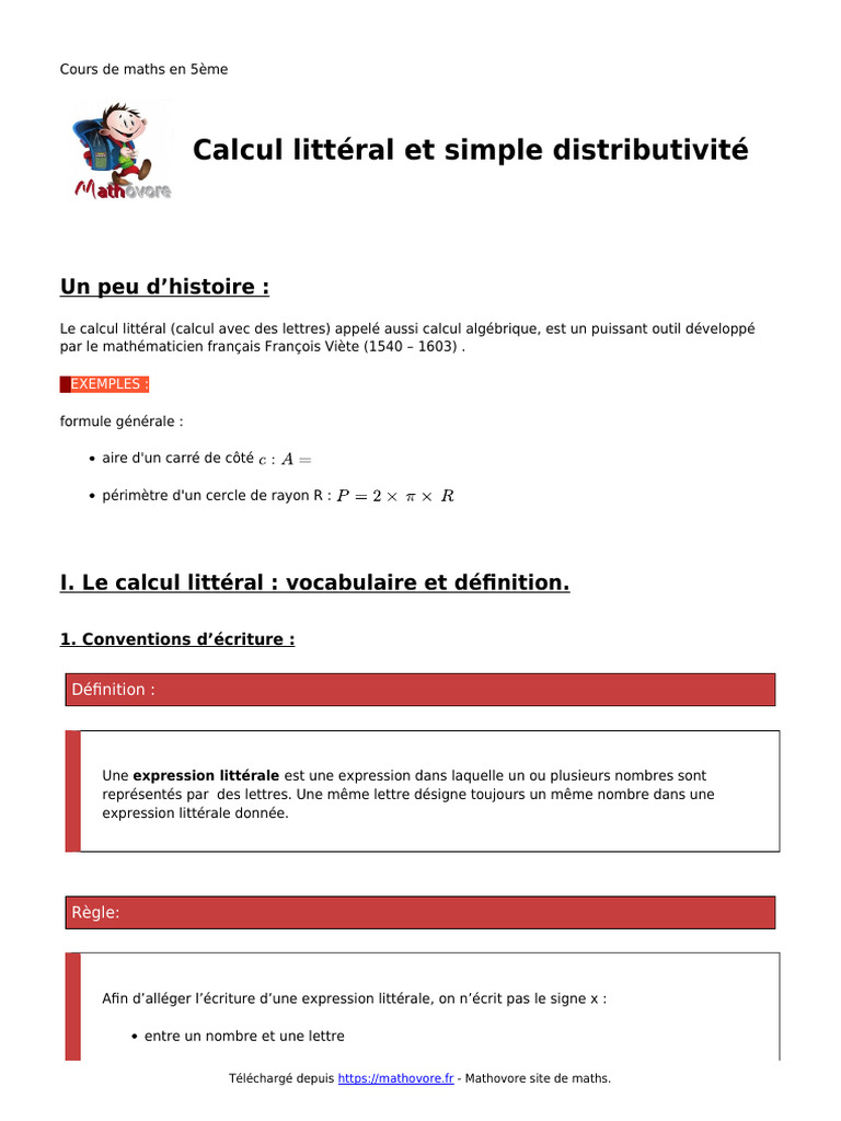 Calcul Litteral Et Simple Distributivite Cours de Maths en 5eme 539 | PDF