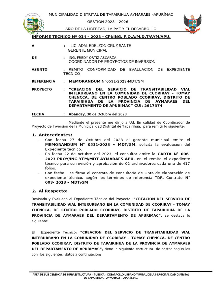 Informe N°014 Conf. Exp. Tec - Ccoriray | PDF