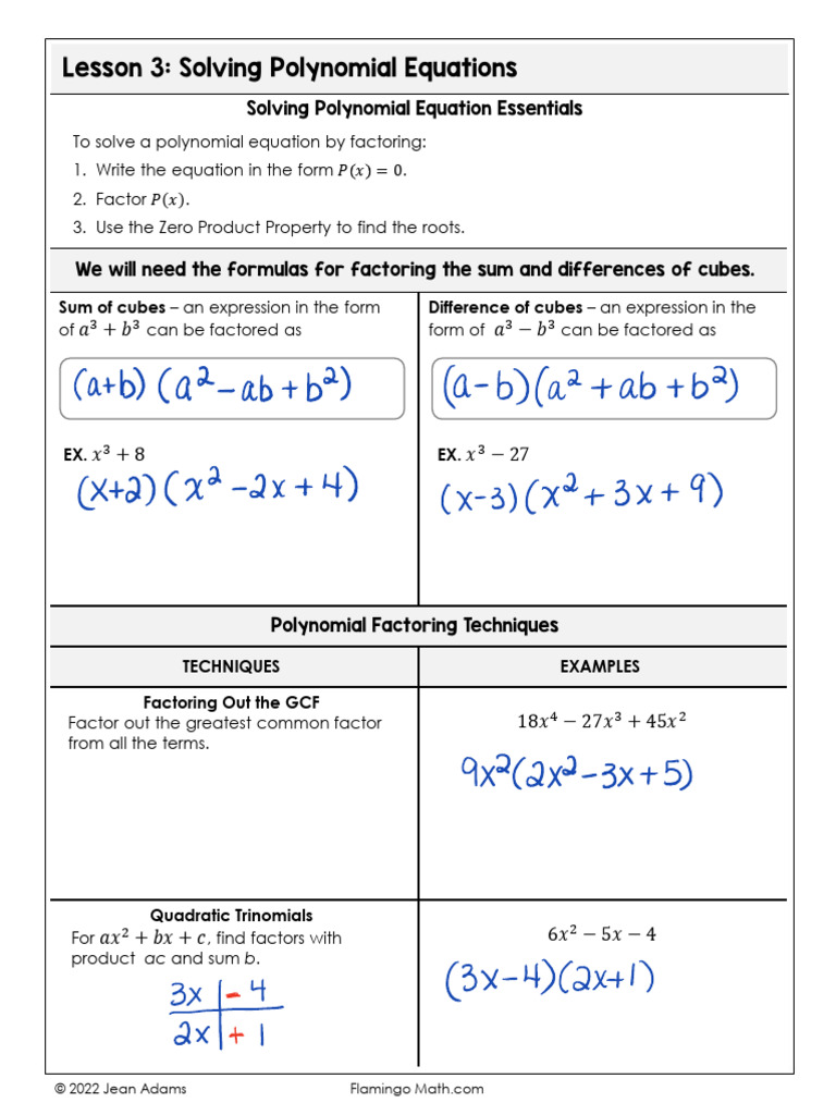 Solving Polynomial Equations - Guided Notes Key | PDF