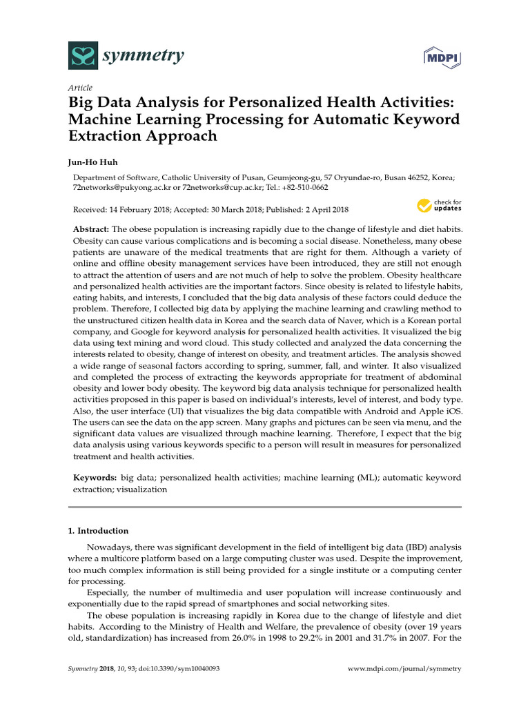 Big Data Analysis For Personalized Health Activities Machine Learning Processing For Automatic ...