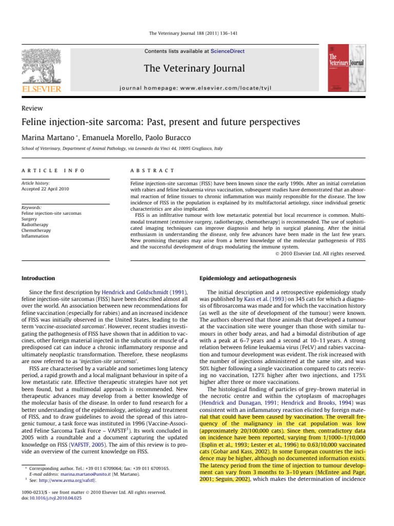 Feline injection site sarcoma Past prese PDF