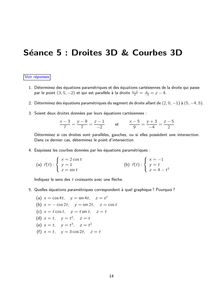 Exercices Droites 3D & Courbes 3D Cinematique Mathématique | PDF
