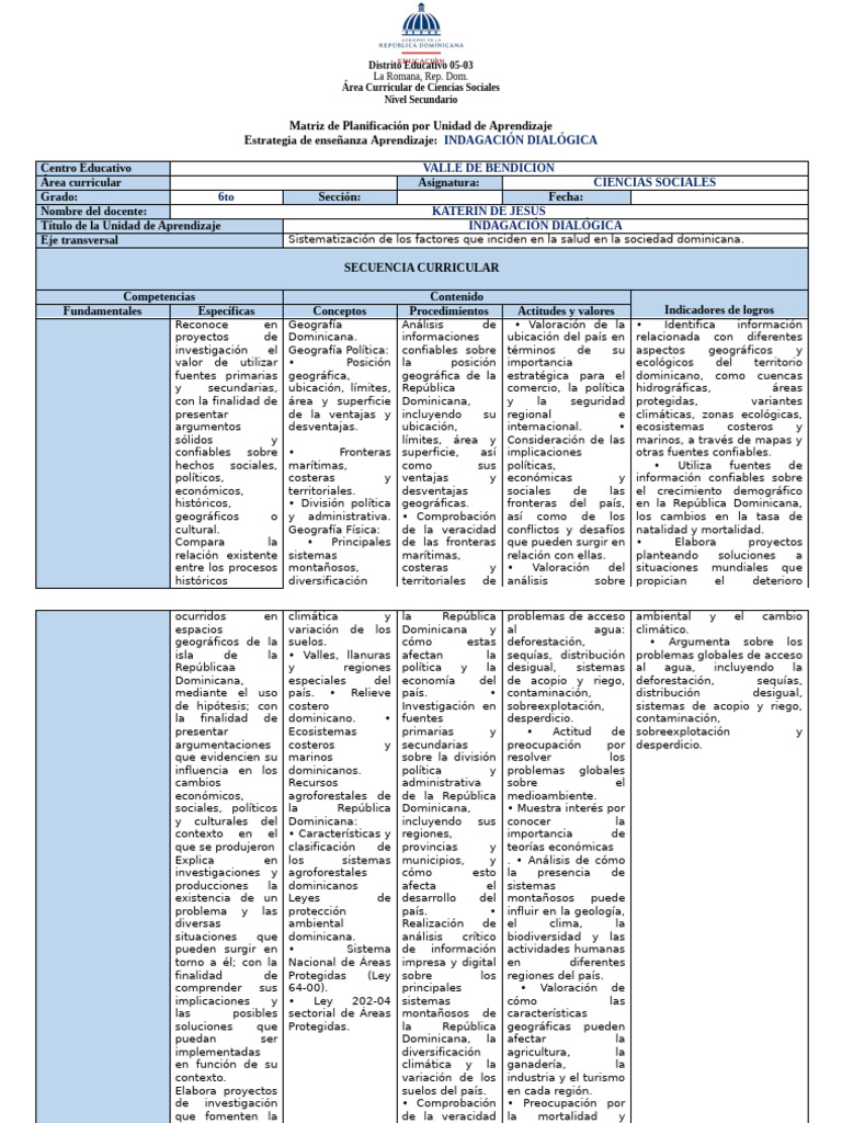 MATRIZ PLANIFICACION POR UNIDAD DE APRENDIZAJE 6to Grado | PDF