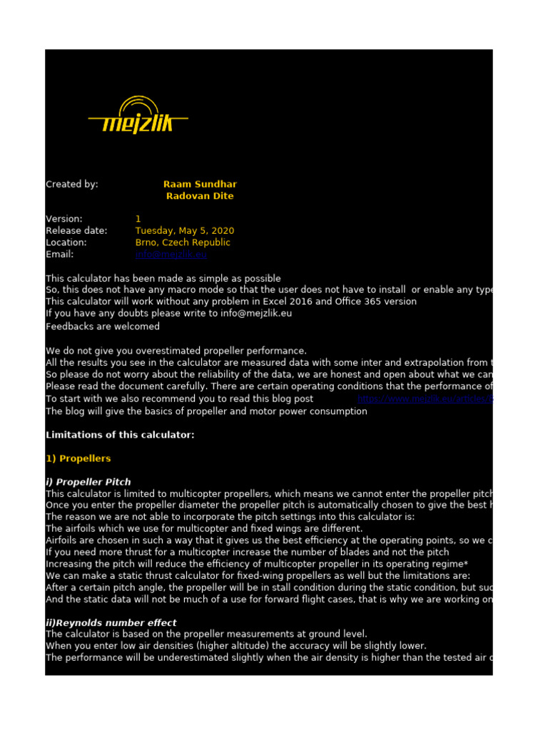Mejzlik Static Thrust Calculator_Version1 | PDF