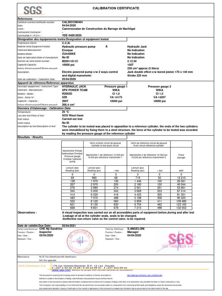 Cert Vérin 150T CCN | PDF