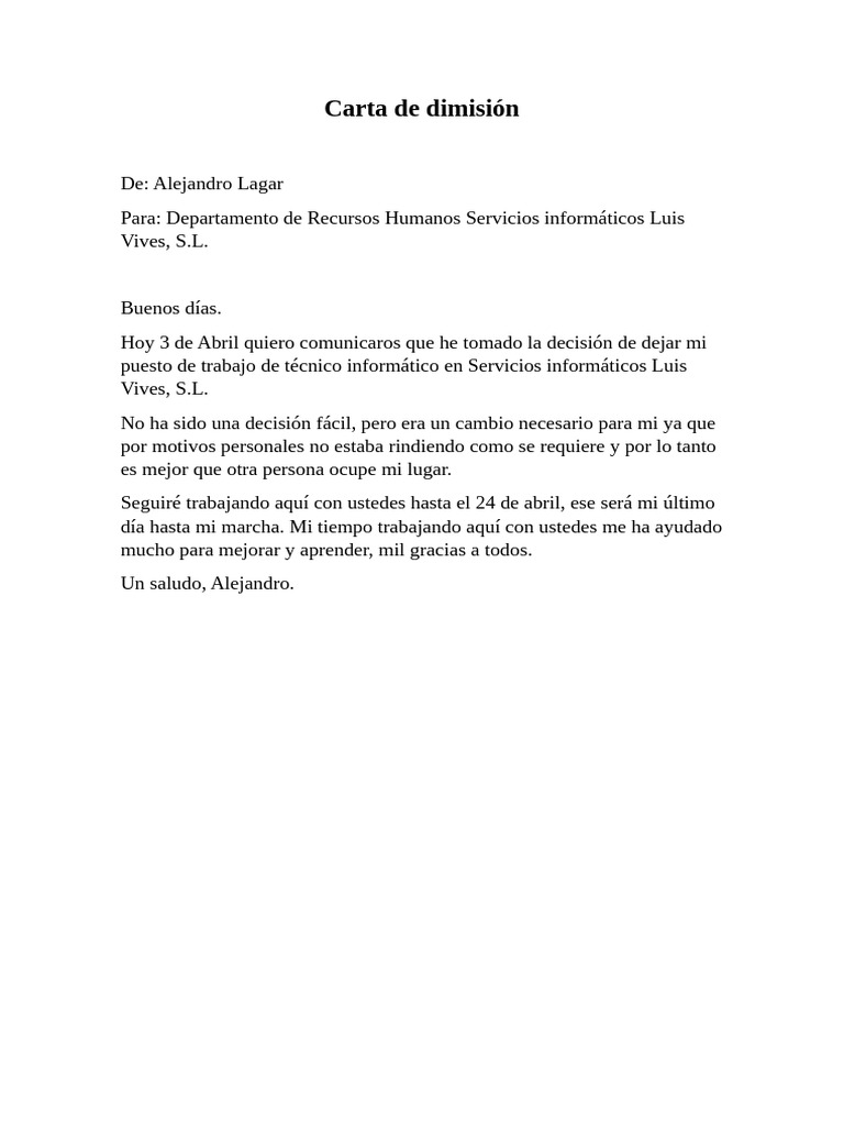 Ejemplo De Carta De Dimision Laboral Modelo De Informe Images And ...