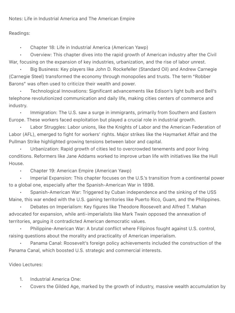 Notes: Life in Industrial America and The American Empire | PDF