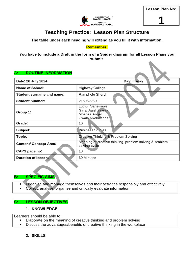 BUSINESS STUDIES GR 10 LESSON PLAN GROUP 1 | PDF